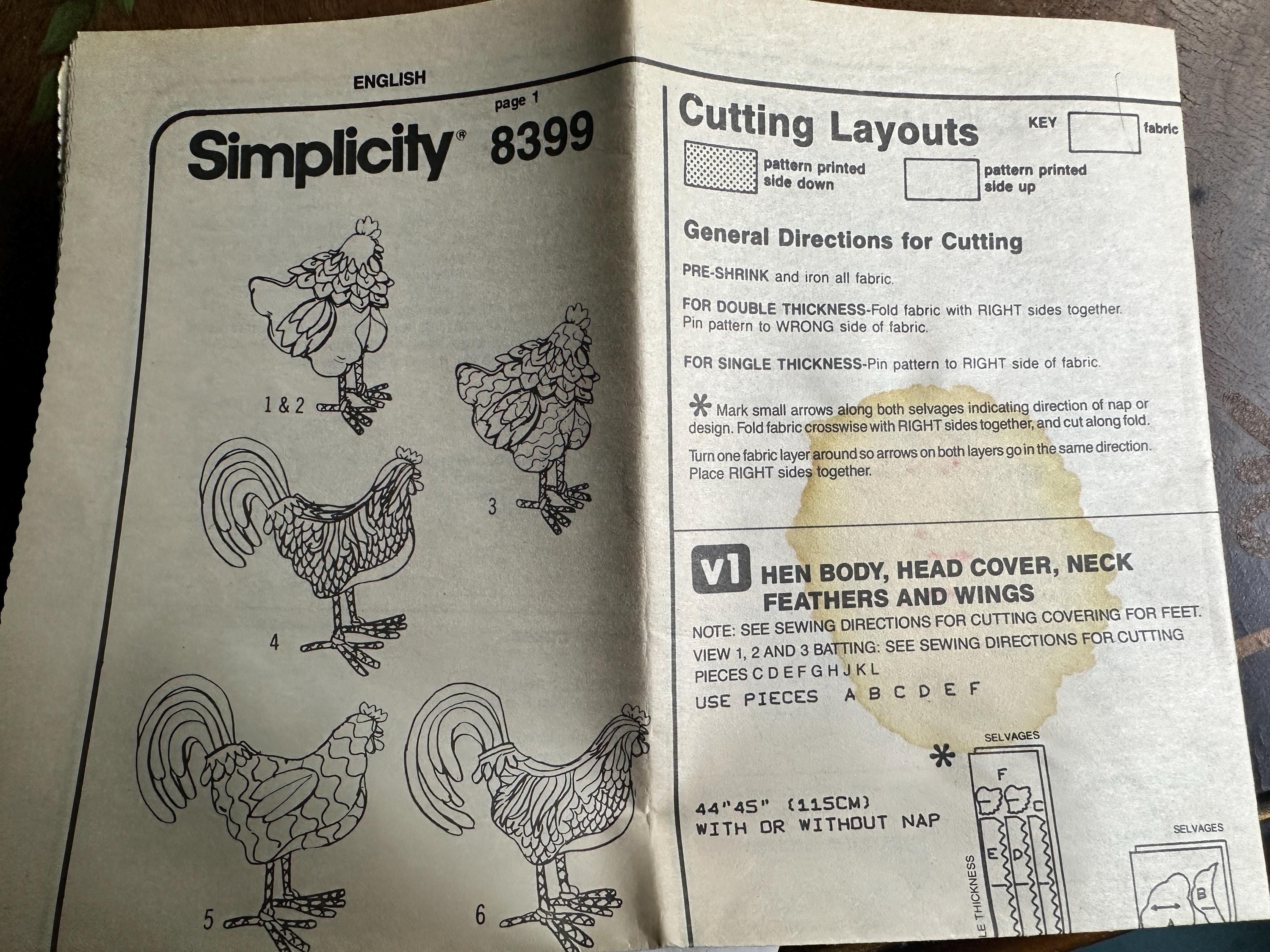 1993 SIMPLICITY CRAFTS ROOSTERS Sewing Pattern 8399 Uncut Includes ...