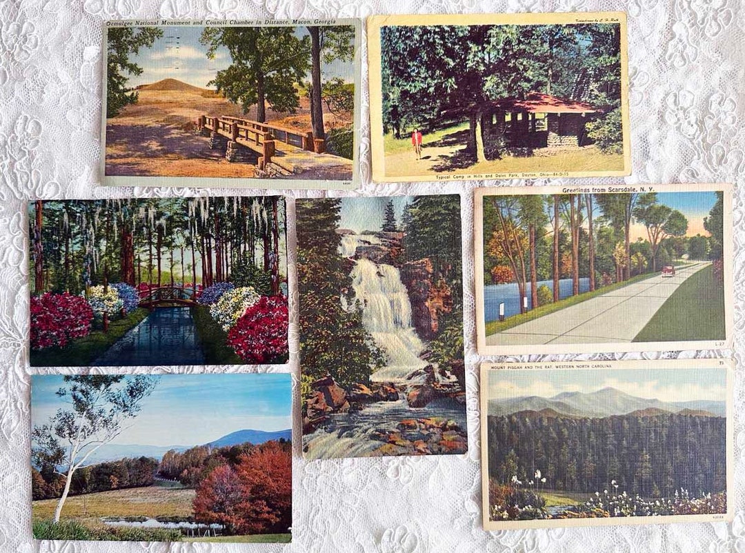 7 VINTAGE WATERFALLS NATURE Scenes Linen Paper Postcards Ocmlgee ...