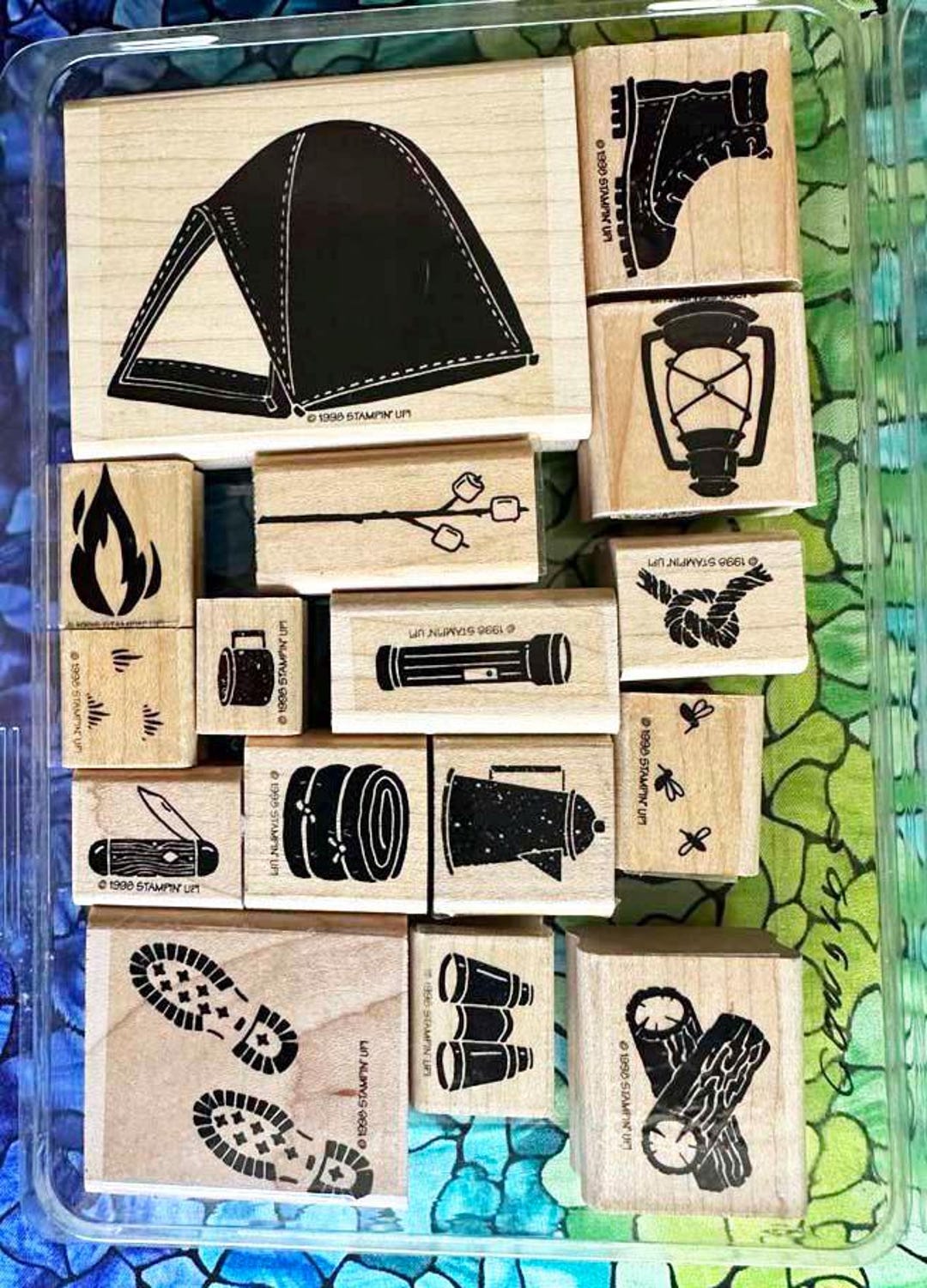 Wood Mounted RUBBER STAMPING CAMPING & Hiking Theme - Unused Set of 16 ...