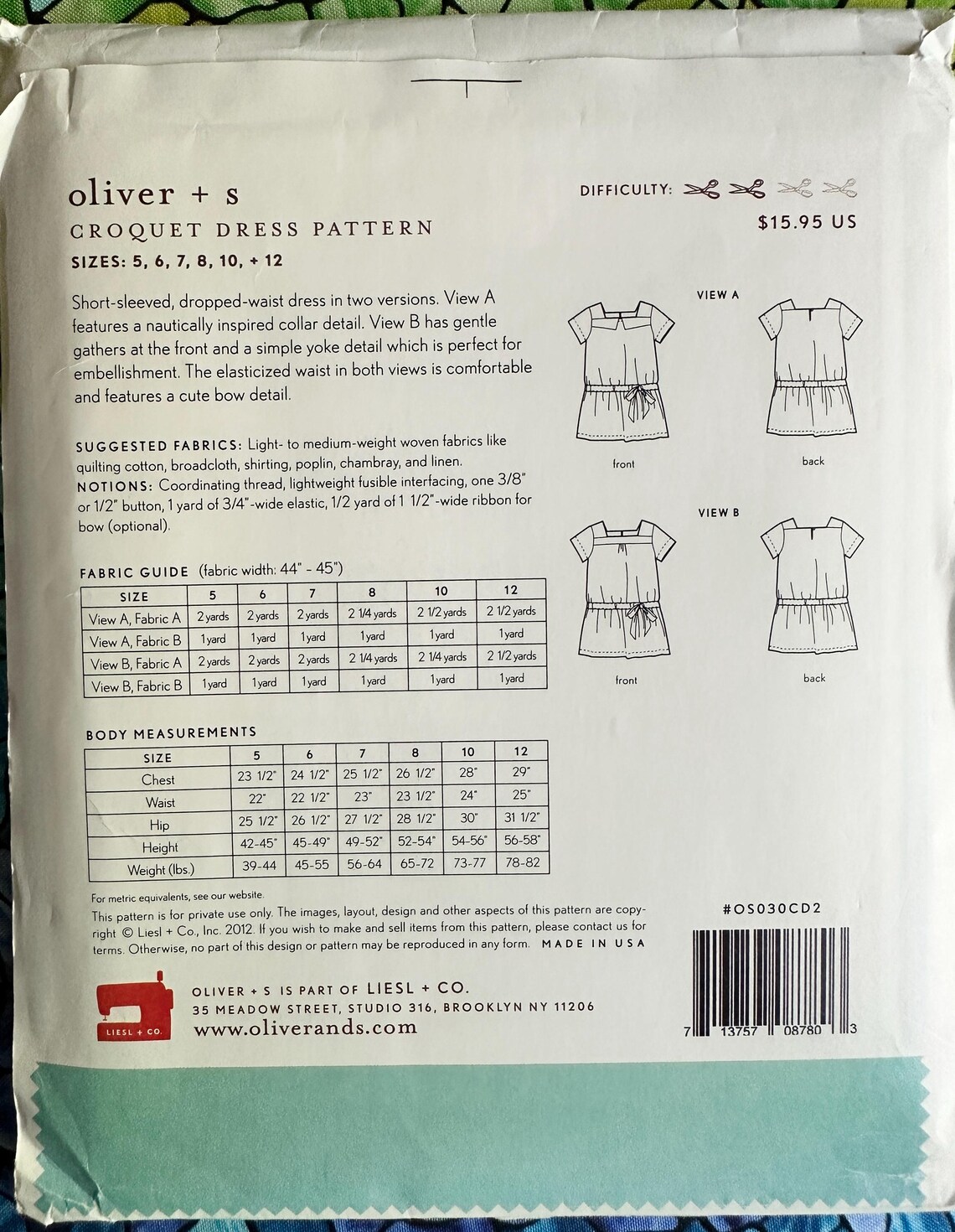 OLIVER + S CROQUET DRESS Girls Sewing Pattern New Uncut Condition Sizes ...