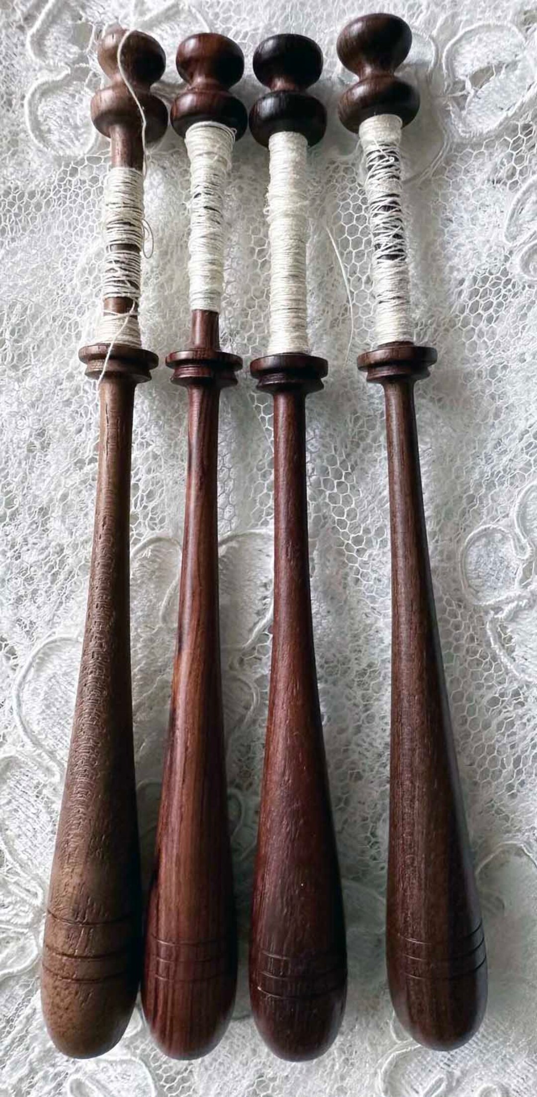 Four 4 VINTAGE LACE BOBBINS Dark Brown Quality Wood With Decorative Top ...