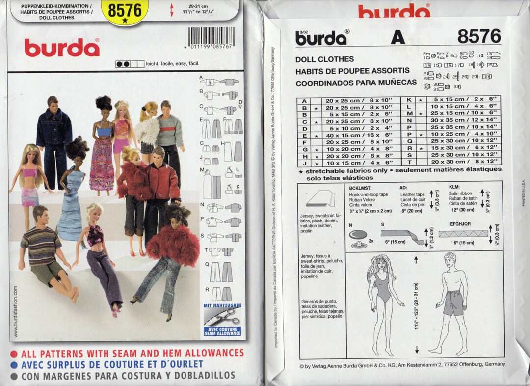 BURDA FASHION DOLL Sewing Pattern 8576 All Patterns With Seam and Hem ...