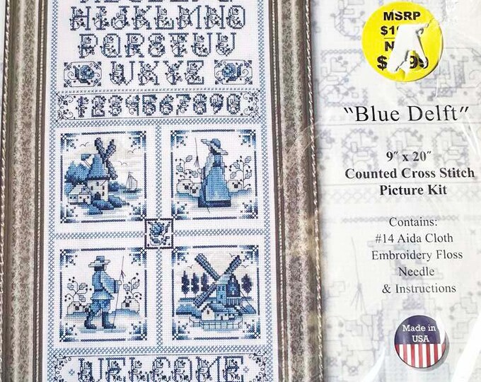 BLUE DELFT WELCOME Sampler Counted Cross Stitch Kit by Joan Elliott 9 ...