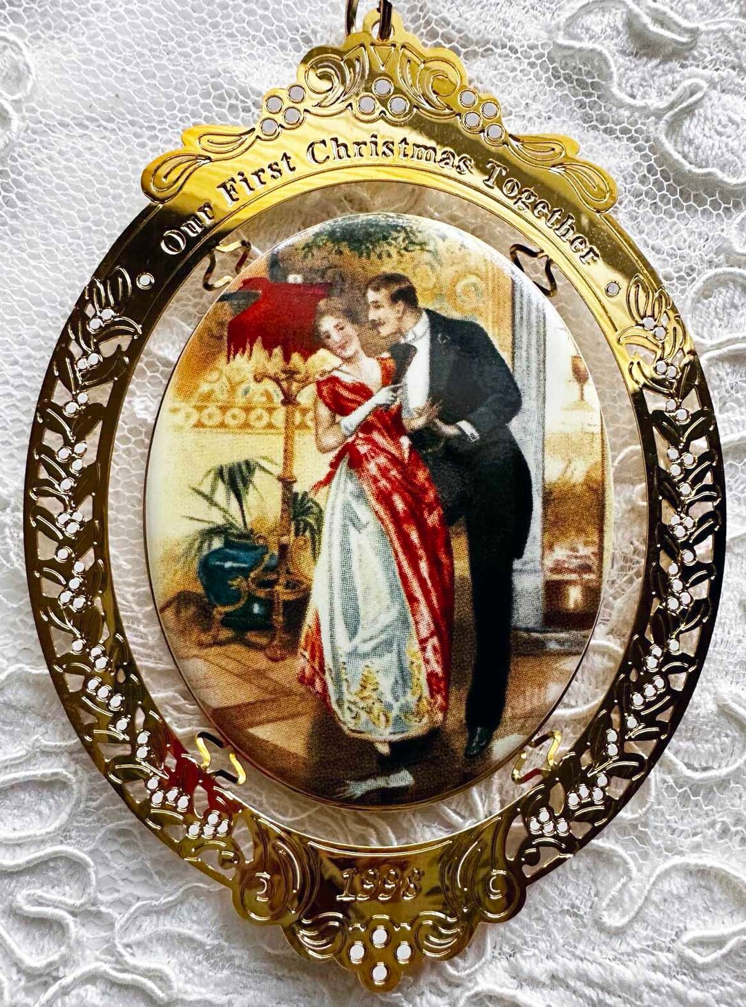 VINTAGE HALLMARK VICTORIAN Christmas Ornament Ceramic and Brass Dated ...