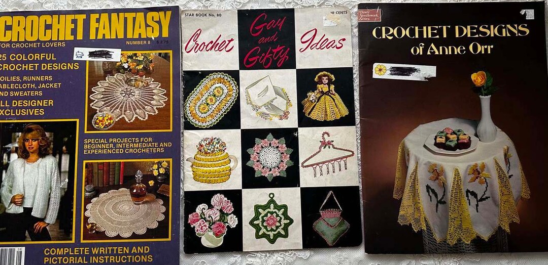 3 VINTAGE CROCHET BOOKS Anne Orr Tablecloth Color Cross Stitch Chart ...