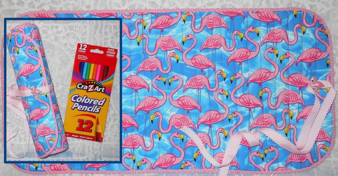 PINK FLAMINGO Rolled Fabric Pencil HOLDER Handmade 1 of a Kind Bright ...
