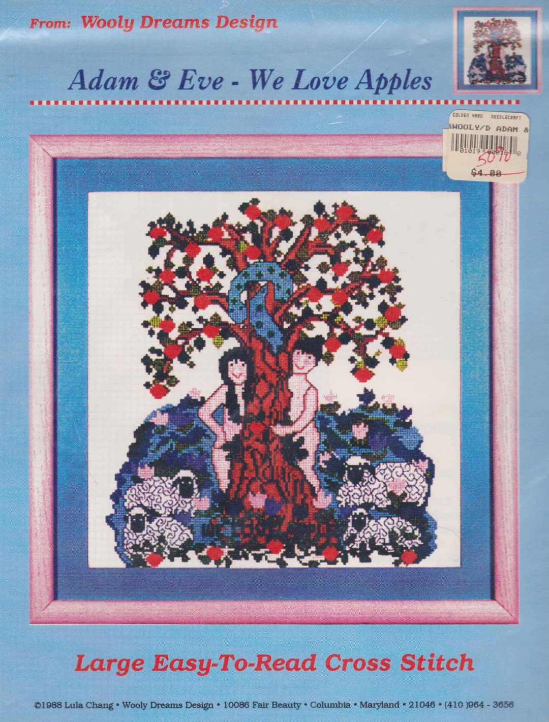 Wooly Dreams Design Cross Stitch Pattern ADAM & EVE From 1988 Lula Chang Large Easy to Read ...