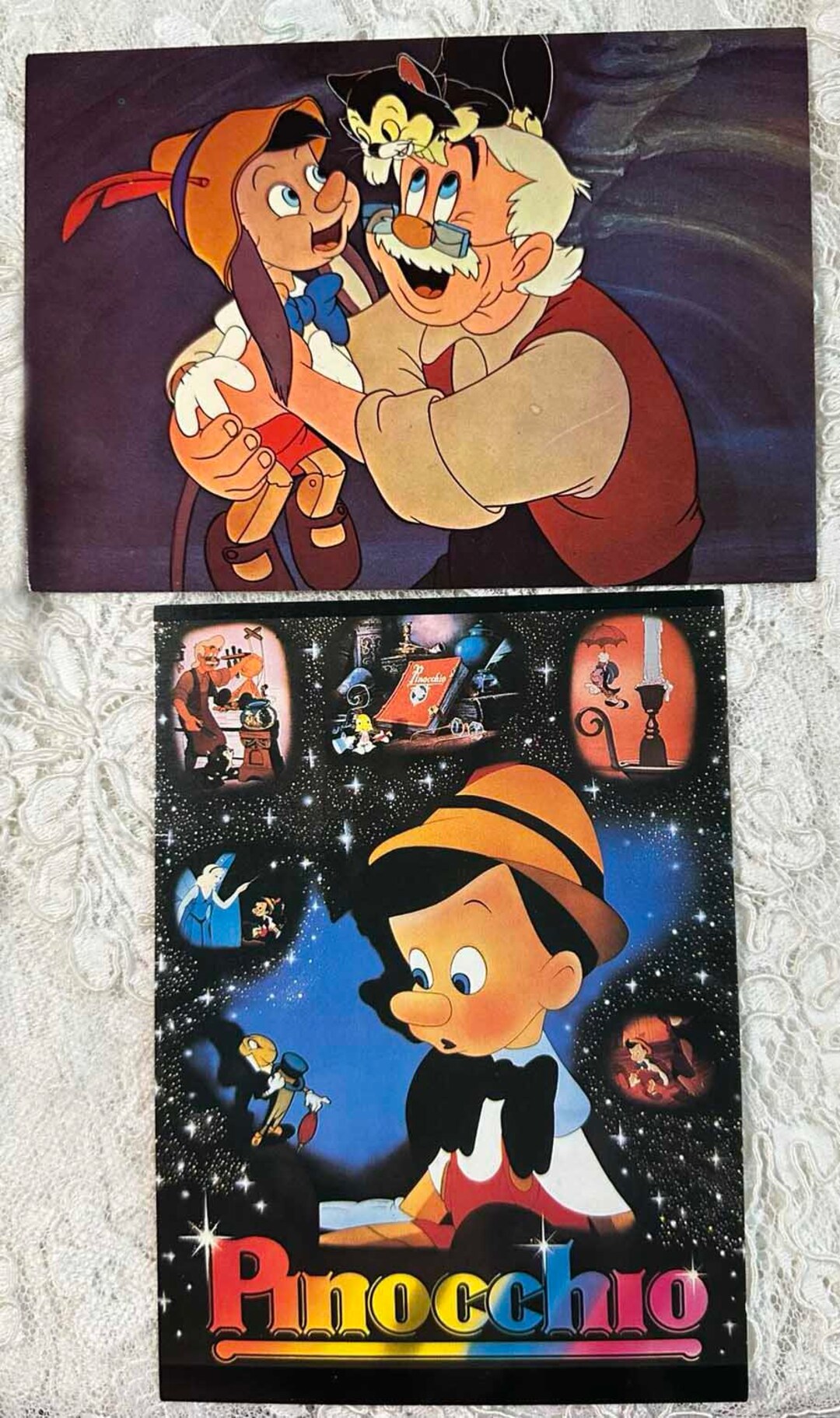 Two (2) VINTAGE DISNEY PINOCCHIO Colorful Postcards Figaro, Gepetto ...