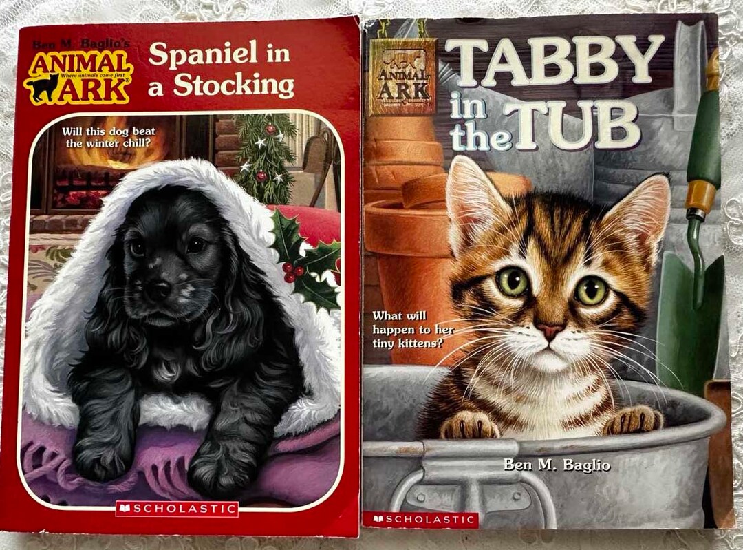TABBY CAT in TUB & Spaniel Dog in a Stocking 2 Different Kids Vintage ...