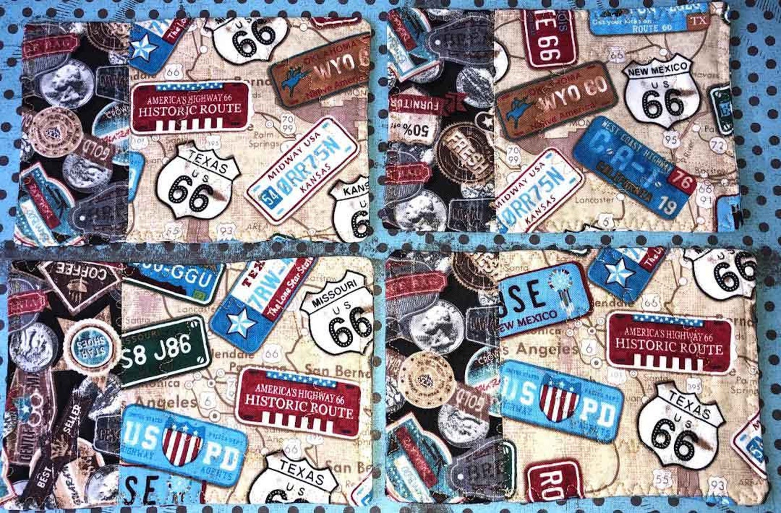 ROUTE 66 Fabric COASTERS PUZZLE and Matching Puzzle Bag Set of 4 Cotton ...