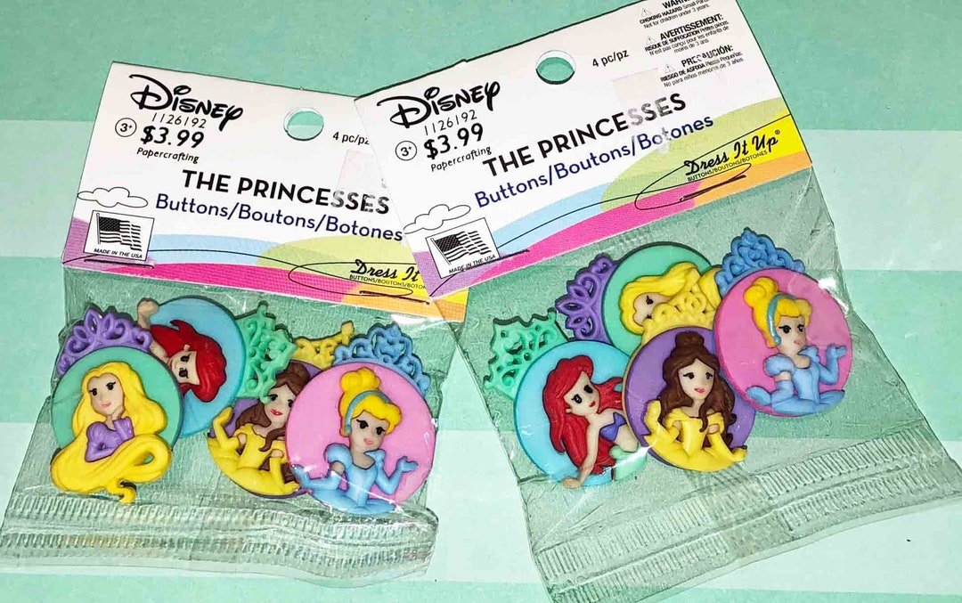2 Packs DISNEY PRINCESS BUTTONS Tangled Ariel Belle Cinderella Rapunzel ...