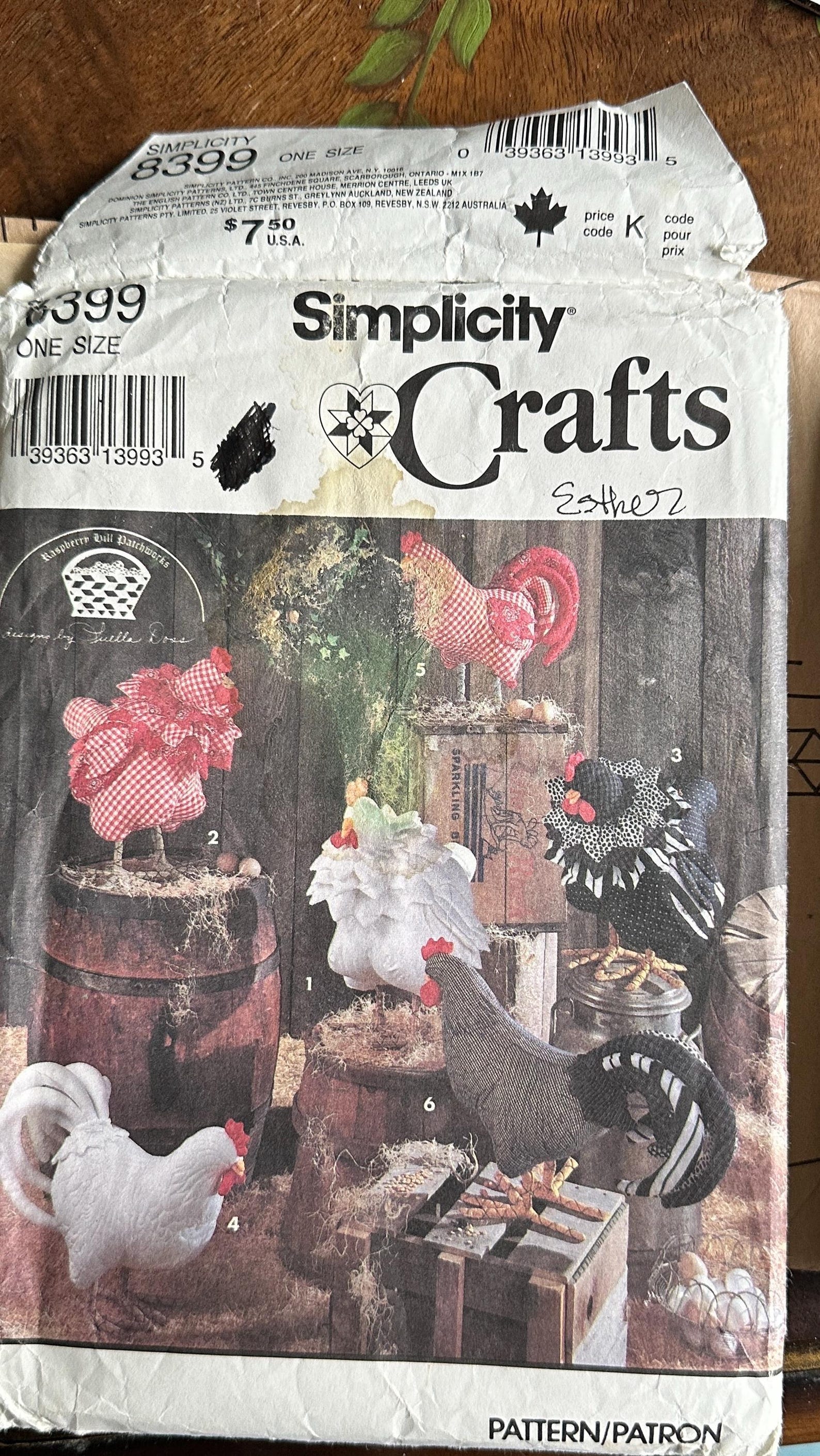 1993 SIMPLICITY CRAFTS ROOSTERS Sewing Pattern 8399 Uncut Includes ...