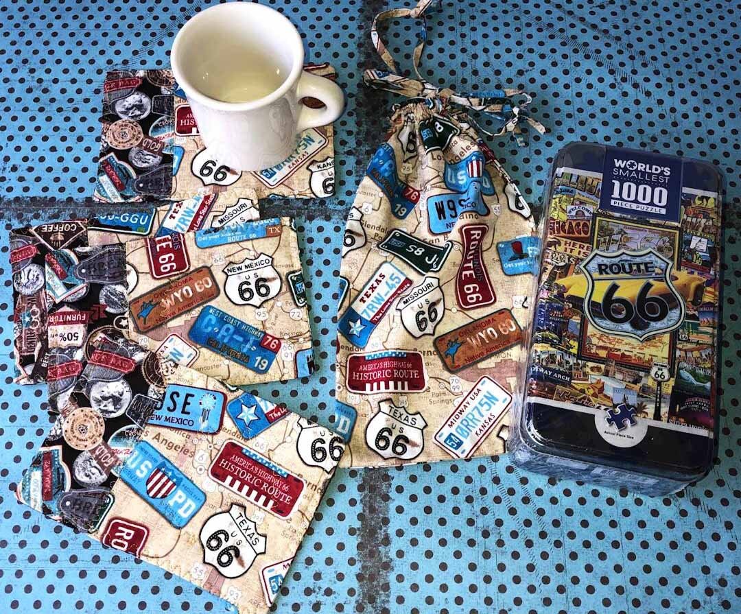 ROUTE 66 Fabric COASTERS PUZZLE and Matching Puzzle Bag Set of 4 Cotton ...