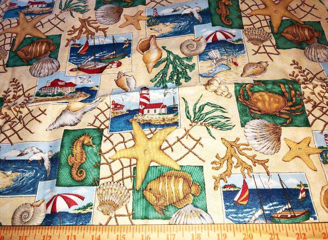 TROPICAL OCEAN SEASSHELLS Sea Shells Sea Horses 100% Cotton Fabric From ...
