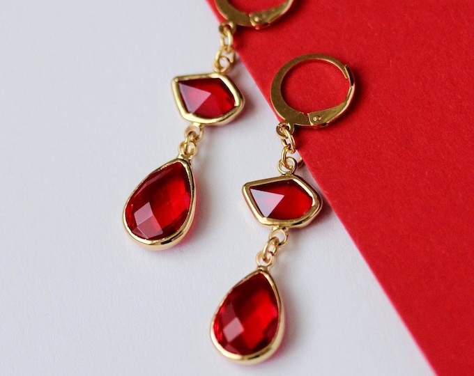 Red Crystal Drop Earrings Red Gold Earrings Long Red Drop Dangle ...