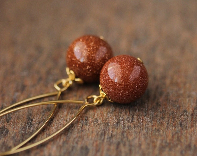 Minimalist Brown Sandstone Earrings Long Gold Tone Dangle Earrings ...