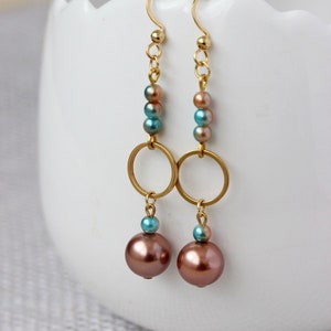 Long Pearl Beaded Earrings Brown Blue Pearl Dangle Earring Gold Ring Earrings Brown Pearl ...