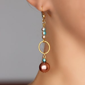 Long Pearl Beaded Earrings Brown Blue Pearl Dangle Earring Gold Ring Earrings Brown Pearl ...