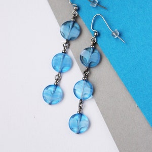 Blue Round Glass Beaded Earrings Long Dangle Blue Earrings Silver Blue ...