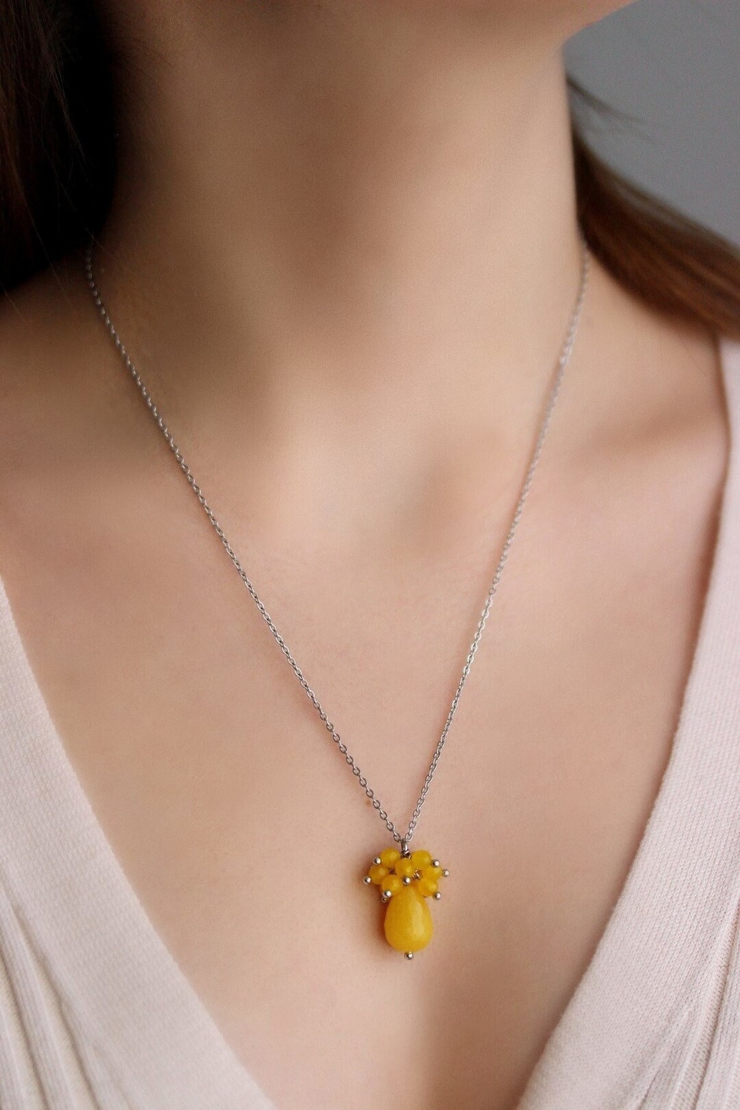 Yellow Agate Drop Necklace Yellow Stone Pendant Steel Chain Necklace ...
