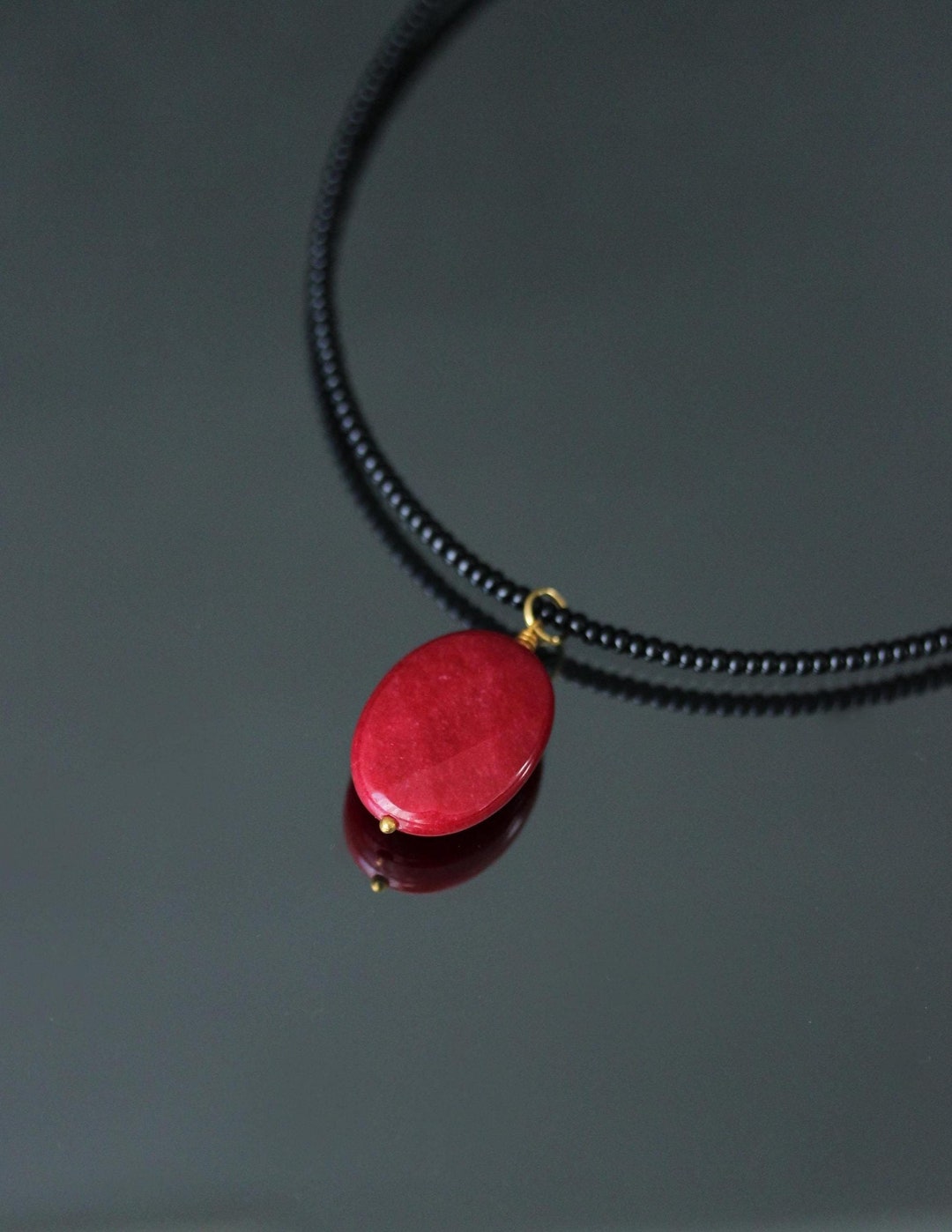 Ruby Root Stone Pendant Necklace Black Glass Seed Beade Necklace Simple ...