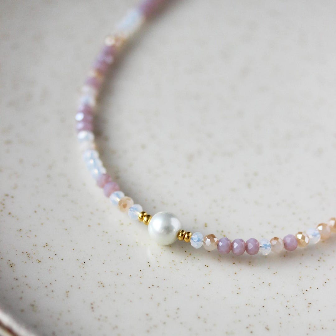 Delicate Pastel Colors Crystal Beads Choker With White Pearl Unique ...