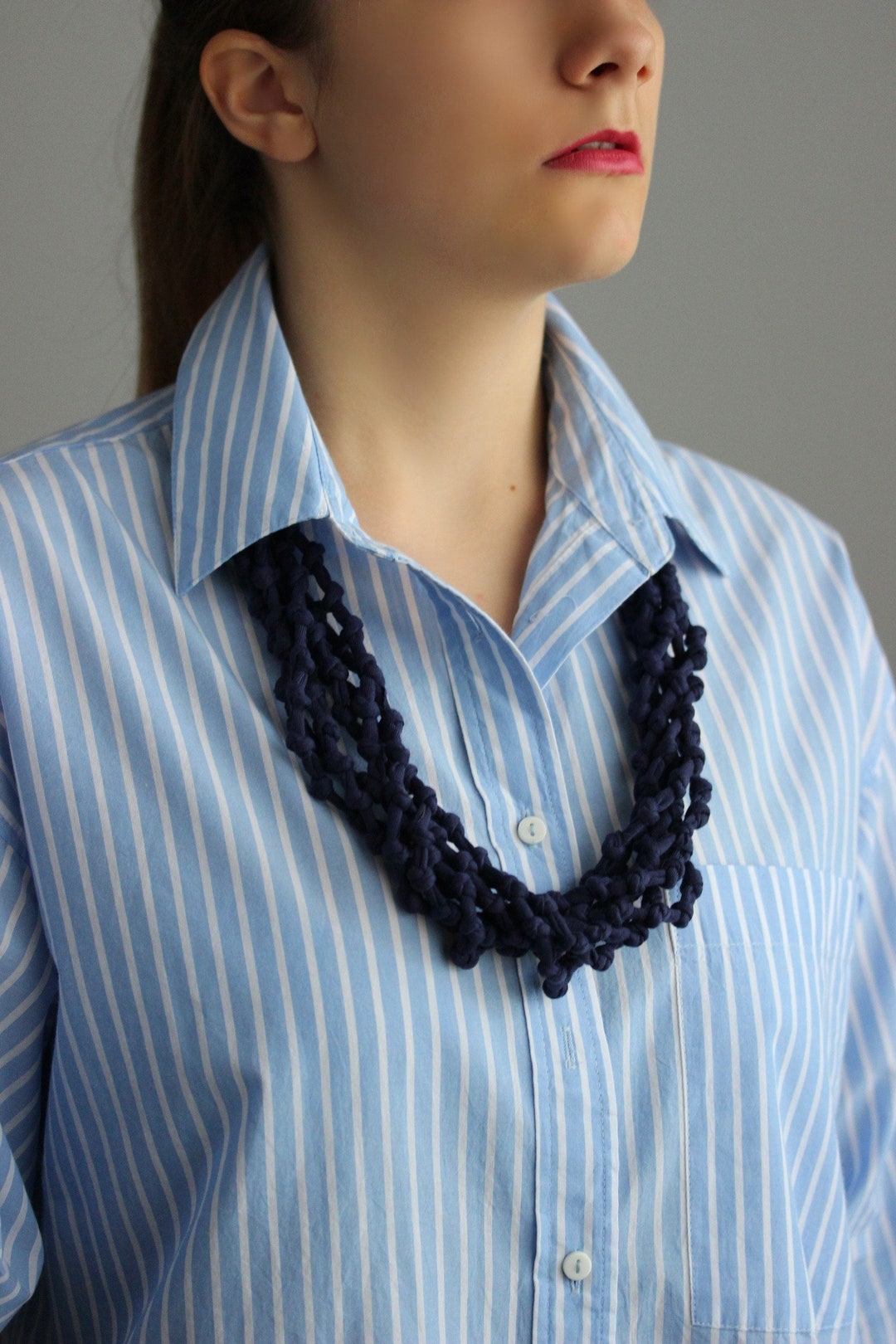 Navy Blue Multistrand Knotted Beads Necklace Cotton Tied Fabric Necklace Chunky Textile Necklace ...