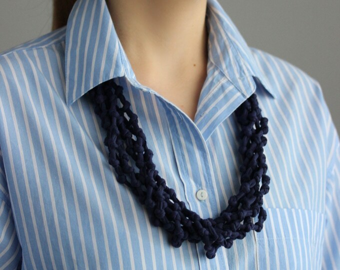 Navy Blue Multistrand Knotted Beads Necklace Cotton Tied Fabric Necklace Chunky Textile Necklace ...