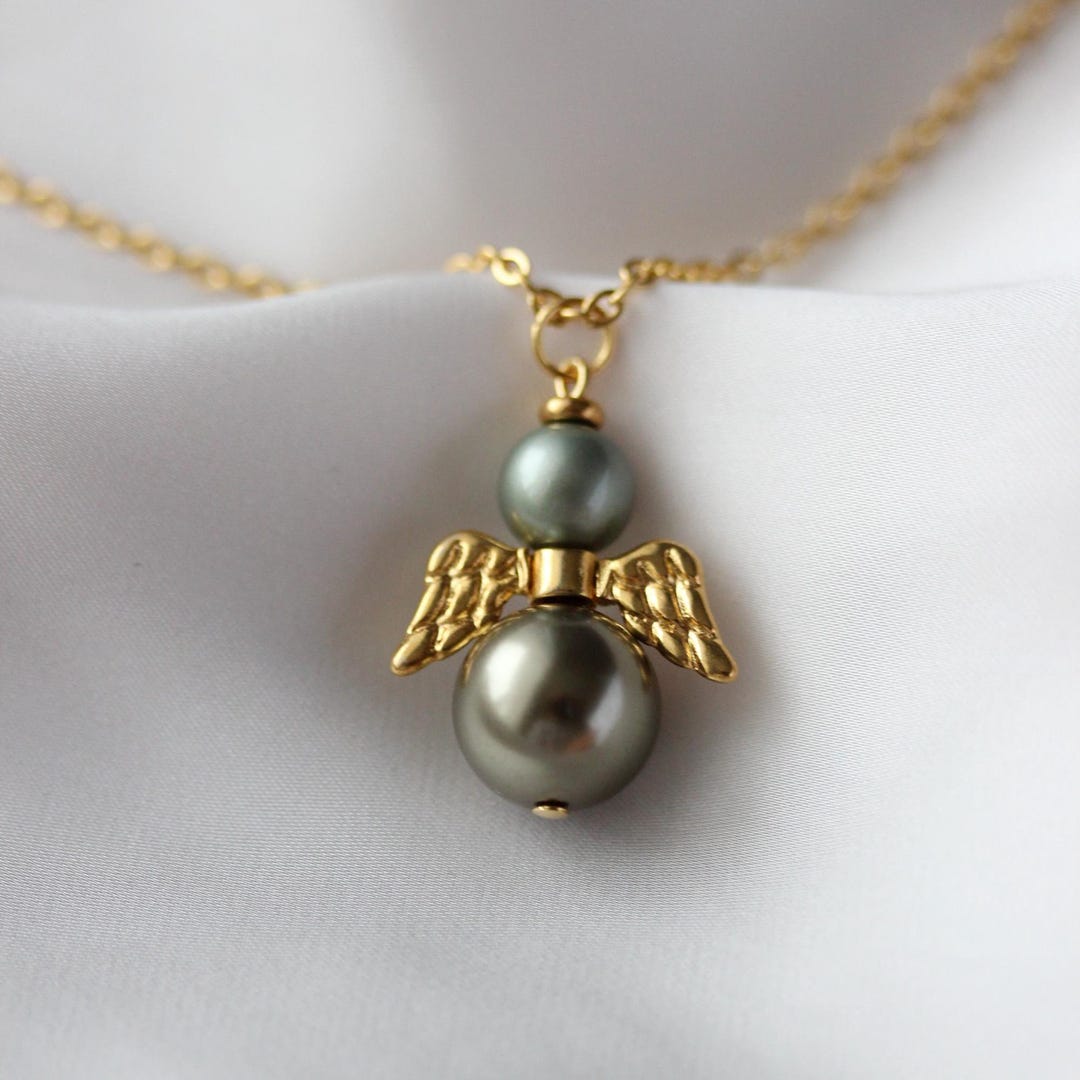 Green Pearls Angel Necklace Pearl Beads Guardian Angel Necklace Gold ...