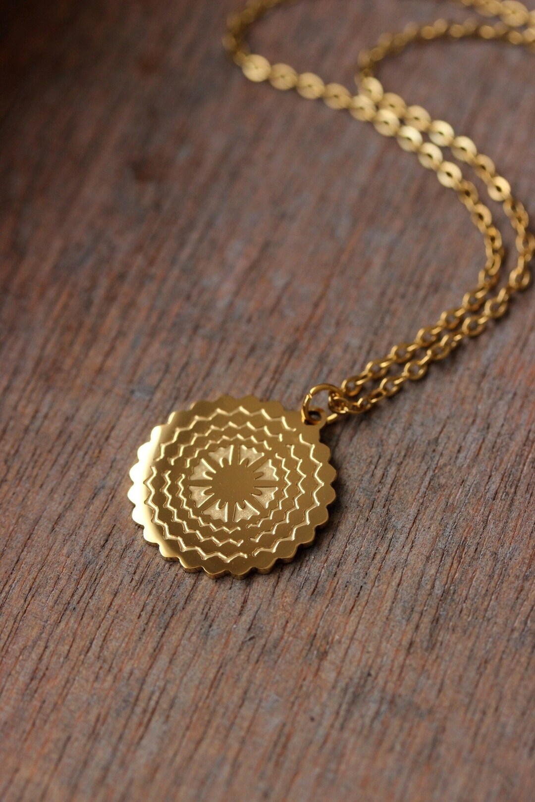 Gold Plated Sun Disk Pendant High Quality Engraved Sun Necklace Minimal ...
