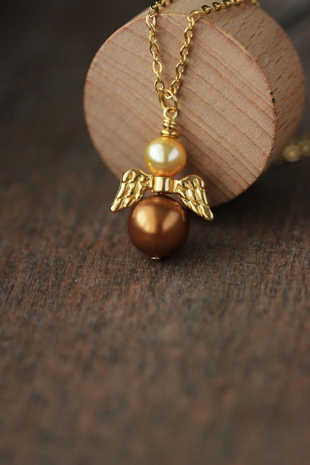 Gold Brown Angel Necklace Pearl Beads Guardian Angel Necklace Gold ...