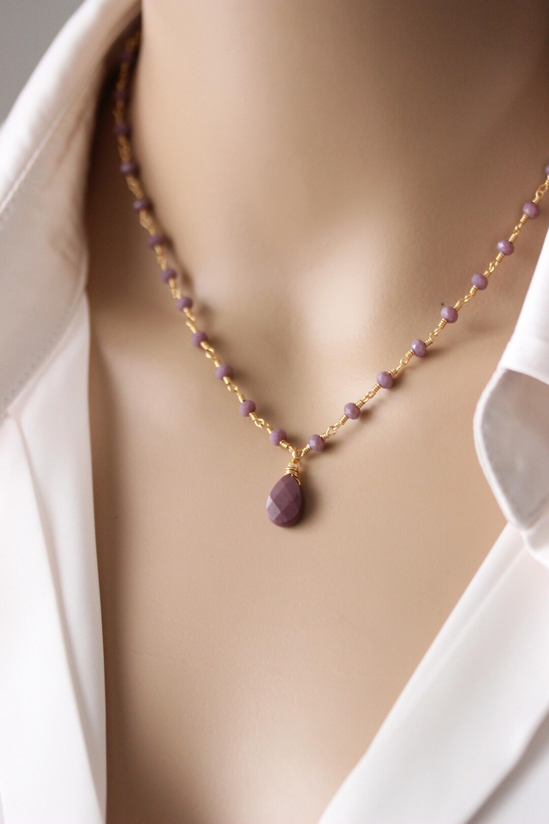 Antique Lilac Rosary Style Chain Necklace Mookaite Agate Stone Drop ...