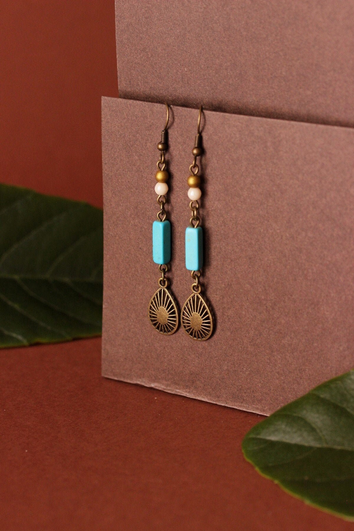 Long Brass Dangle Earrings Turquoise Stone Earring Unique | Etsy