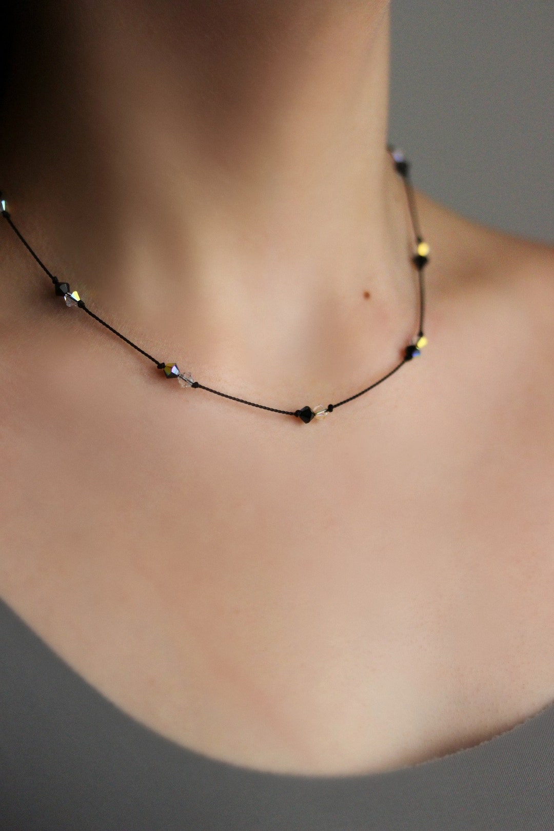 Dainty Silk Thread Necklace With Small Crystal Beads Short Minimalist ...