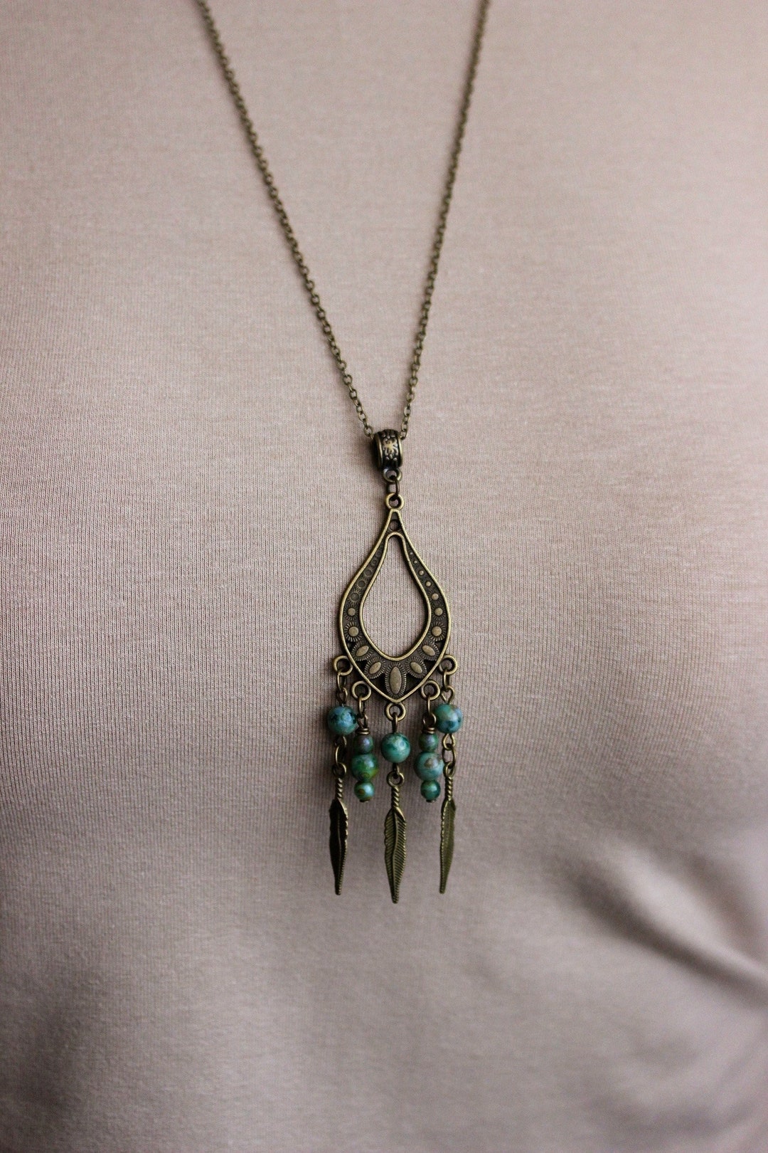 Antique Brass Pendant With Green Glass Beads Unique Boho Necklace Long ...