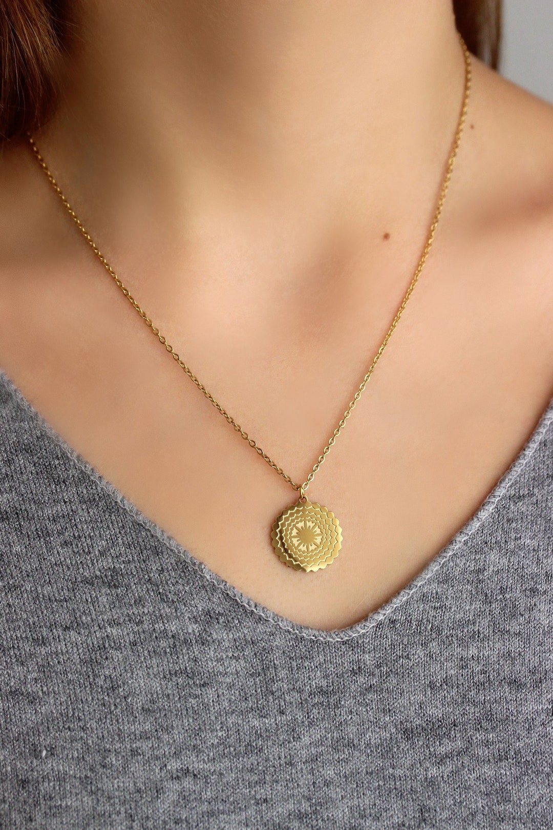 Gold Plated Sun Disk Pendant High Quality Engraved Sun Necklace Minimal ...