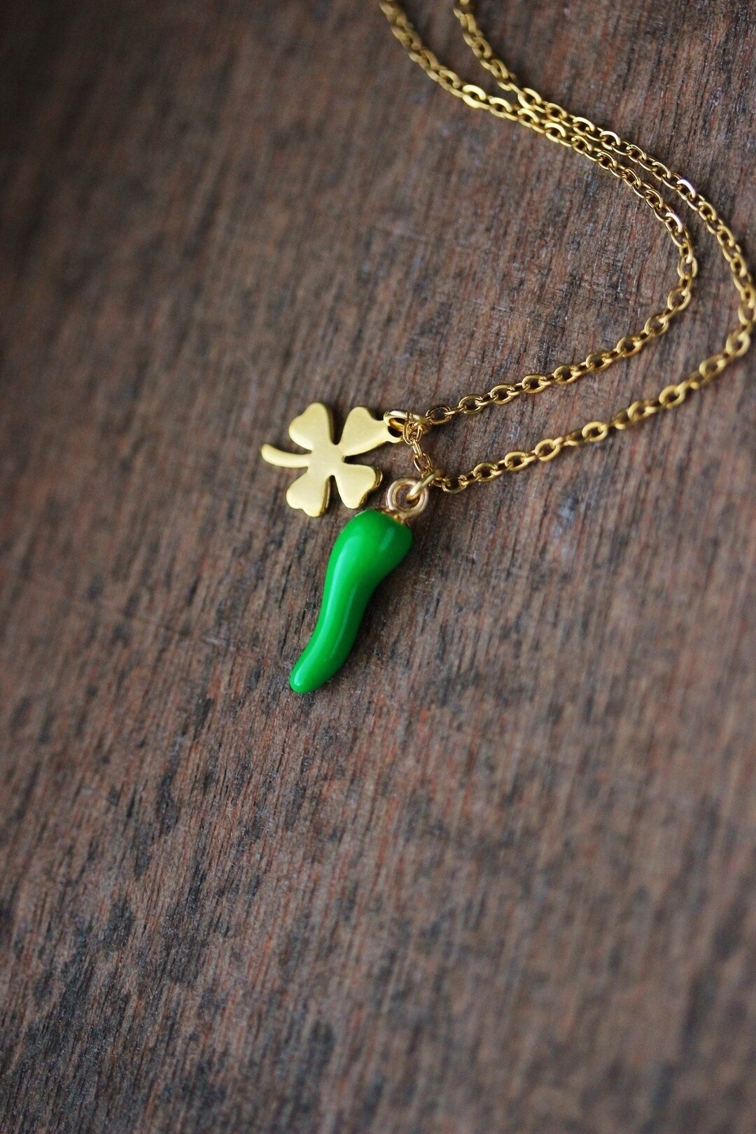 Good Luck Charms Necklace Green Chili Pepper Pendant Gold Clover Leaf ...
