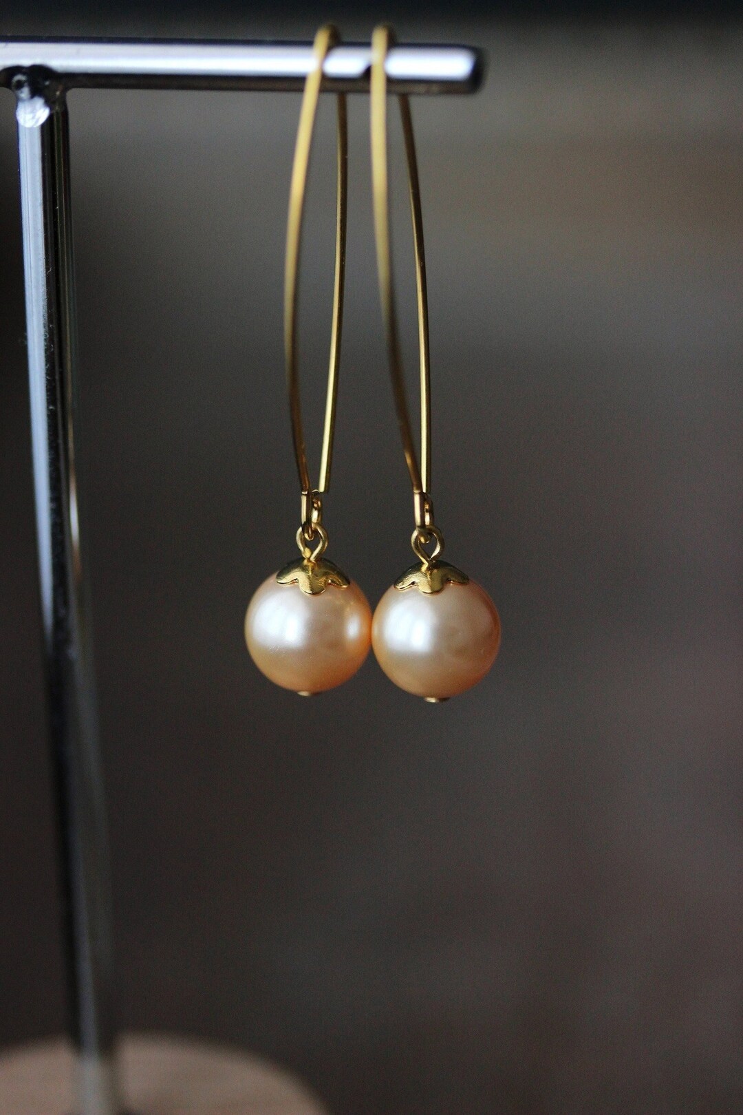 Peach Pearl Crystal Beads Earrings Long Gold Pearl Earrings Elegant ...