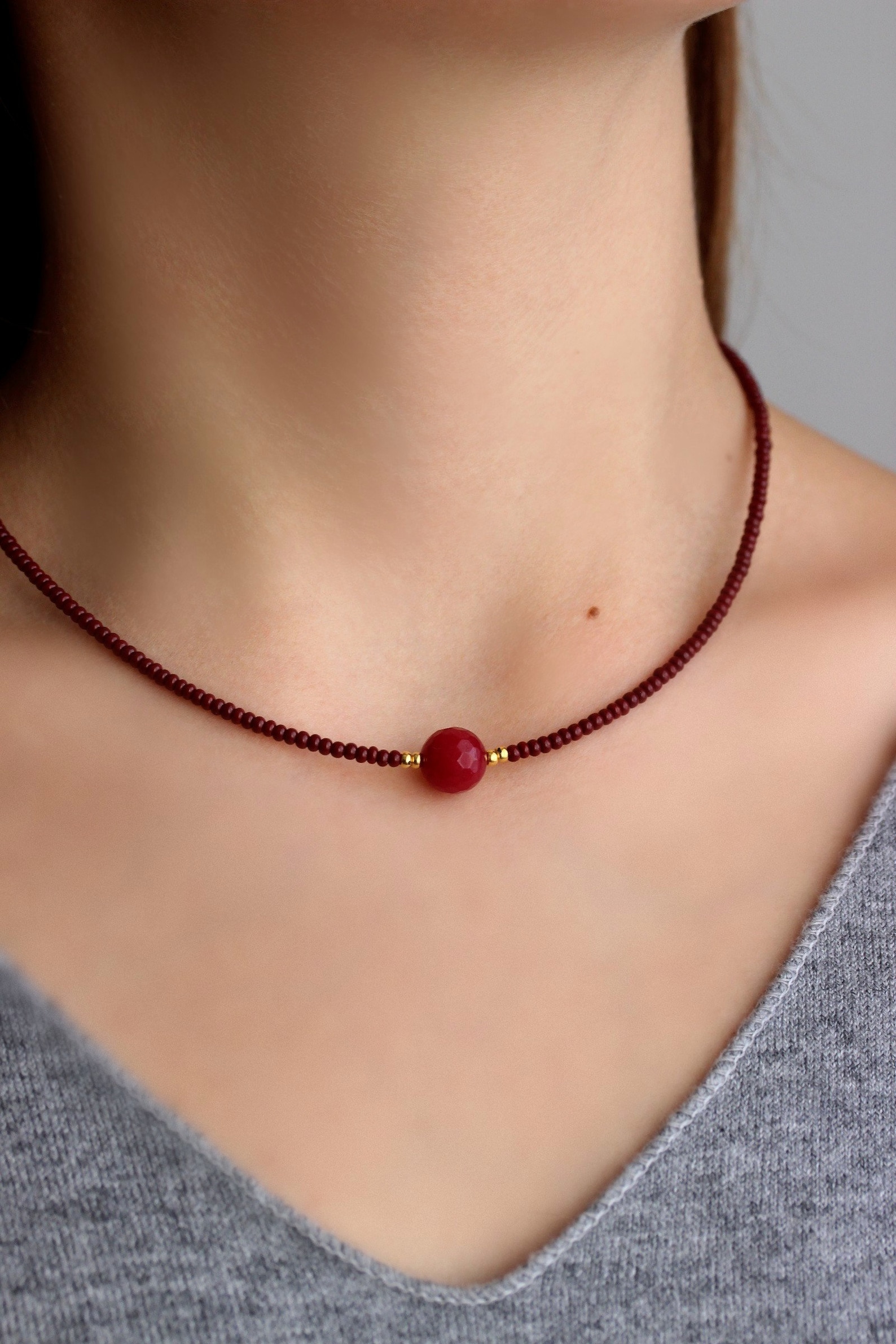 Dark Red Seed Beads Choker Ruby Root Stone Bead Necklace Ruby - Etsy