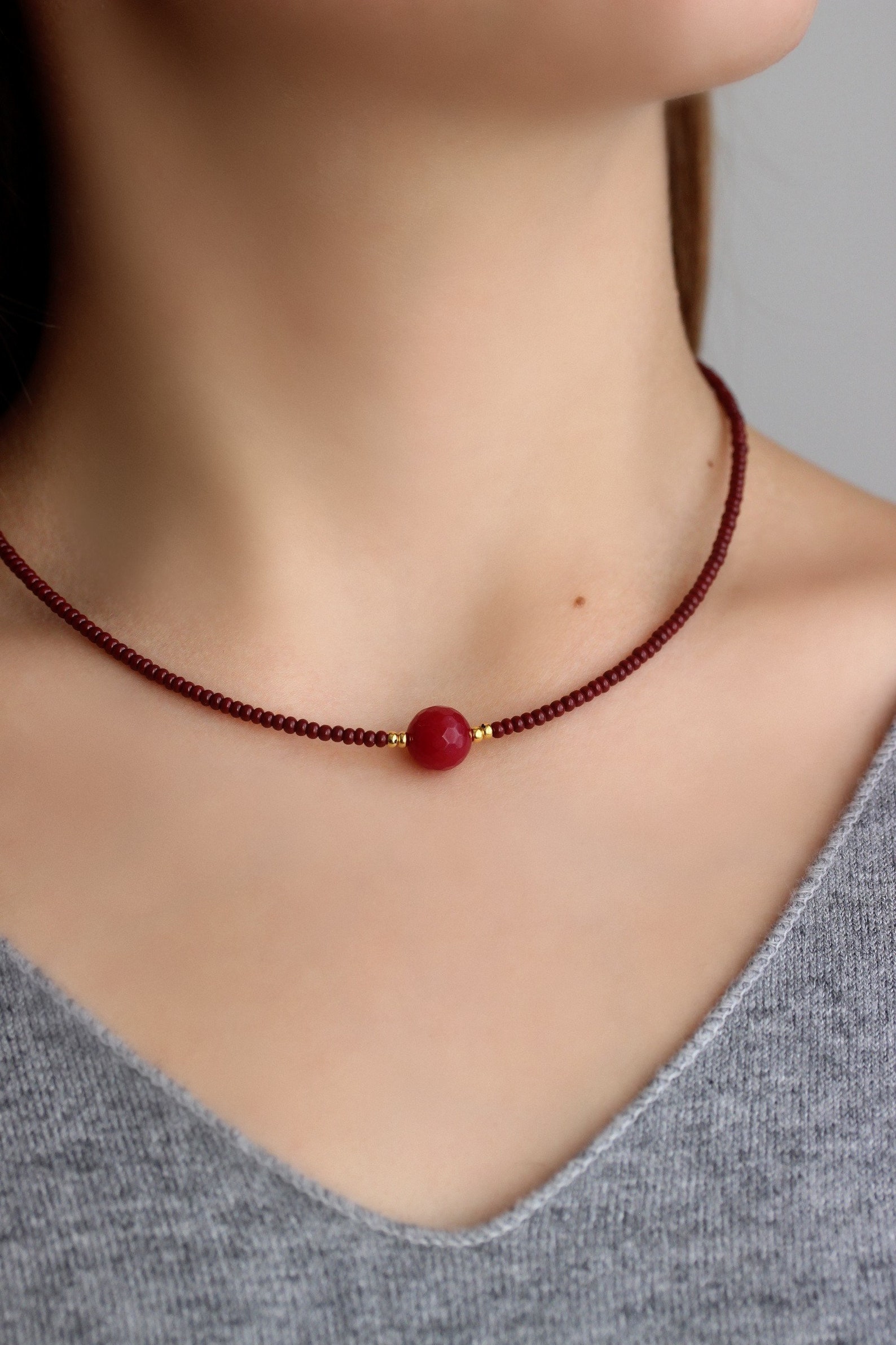 Dark Red Seed Beads Choker Ruby Root Stone Bead Necklace Ruby - Etsy