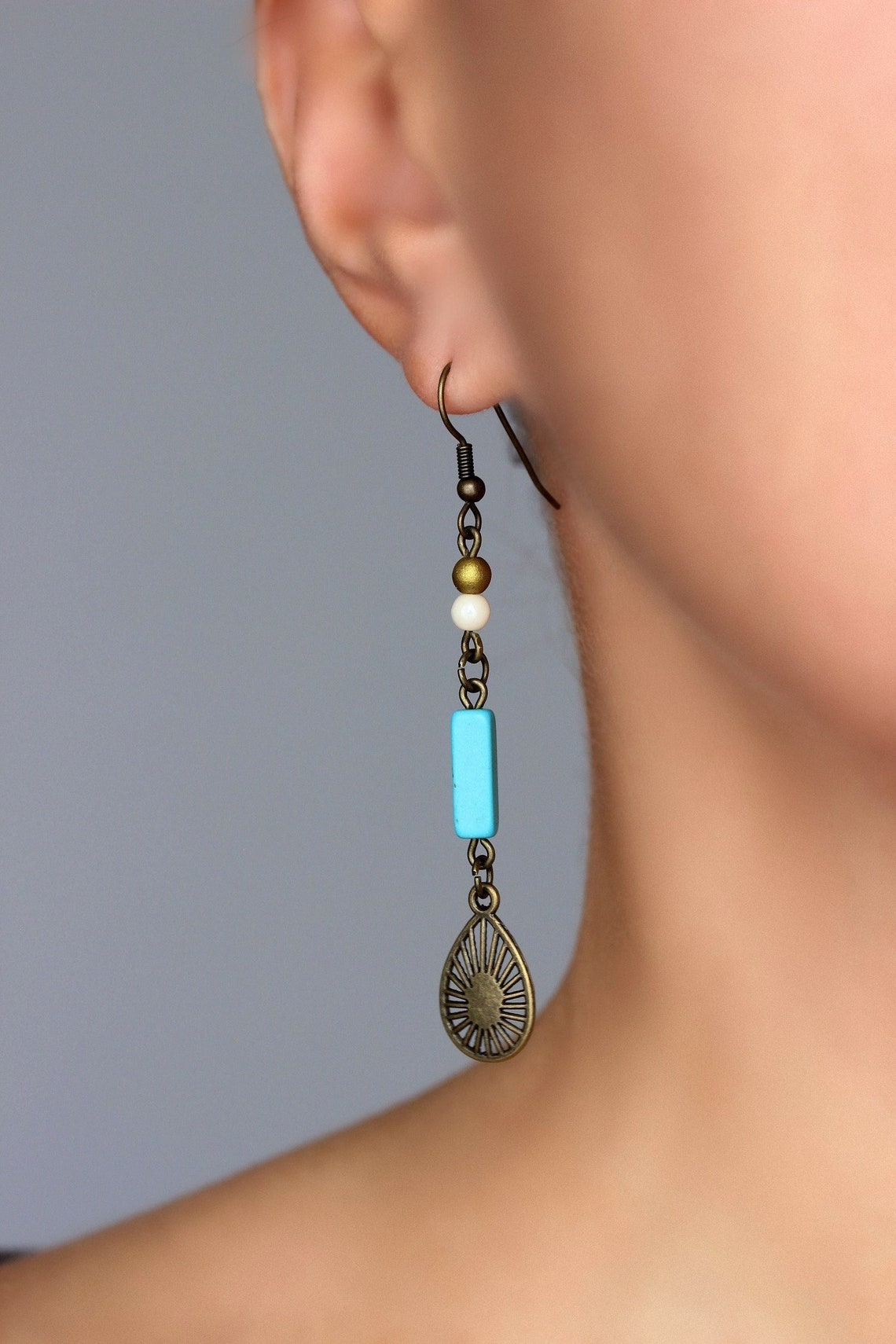 Long Brass Dangle Earrings Turquoise Stone Earring Unique - Etsy