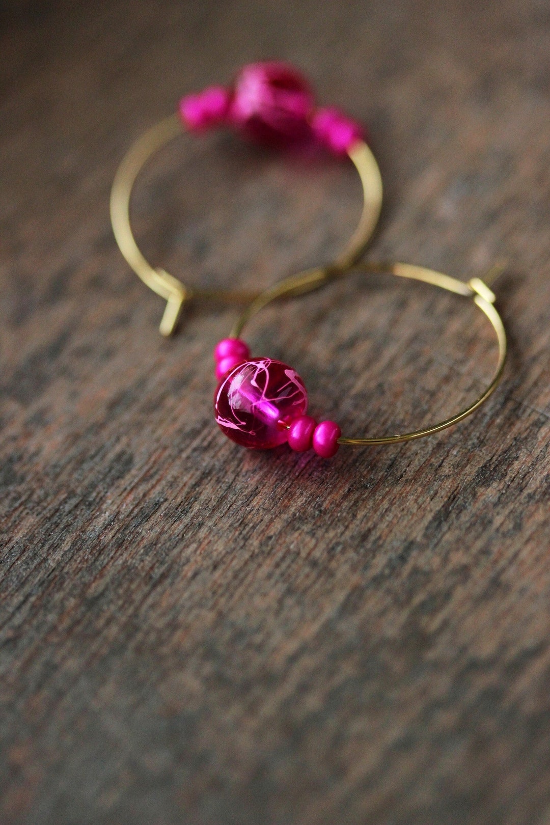 Hot Pink Beaded Hoop Earrings Bright Pink Gold Hoop Earrings Pink ...
