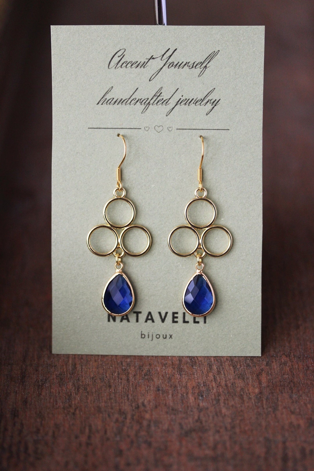 Long Gold Blue Earrings Blue Glass Drop Beaded Earrings Gold Circle ...