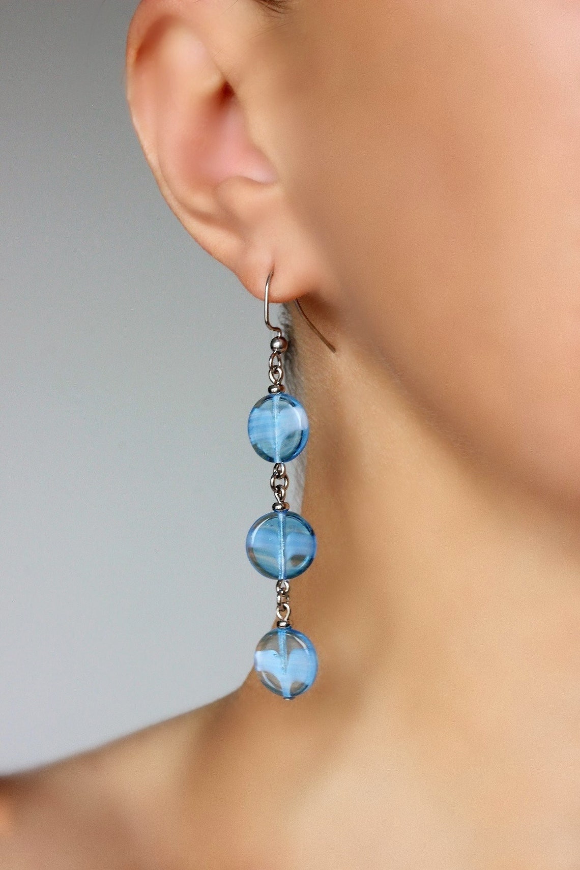 Blue Round Glass Beaded Earrings Long Dangle Blue Earrings - Etsy