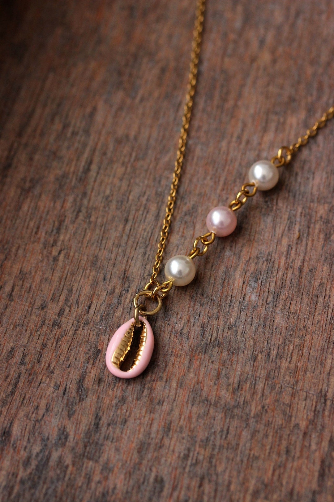 Delicate Pink Gold Shell Necklace Cowrie Shell Charm Necklace White ...
