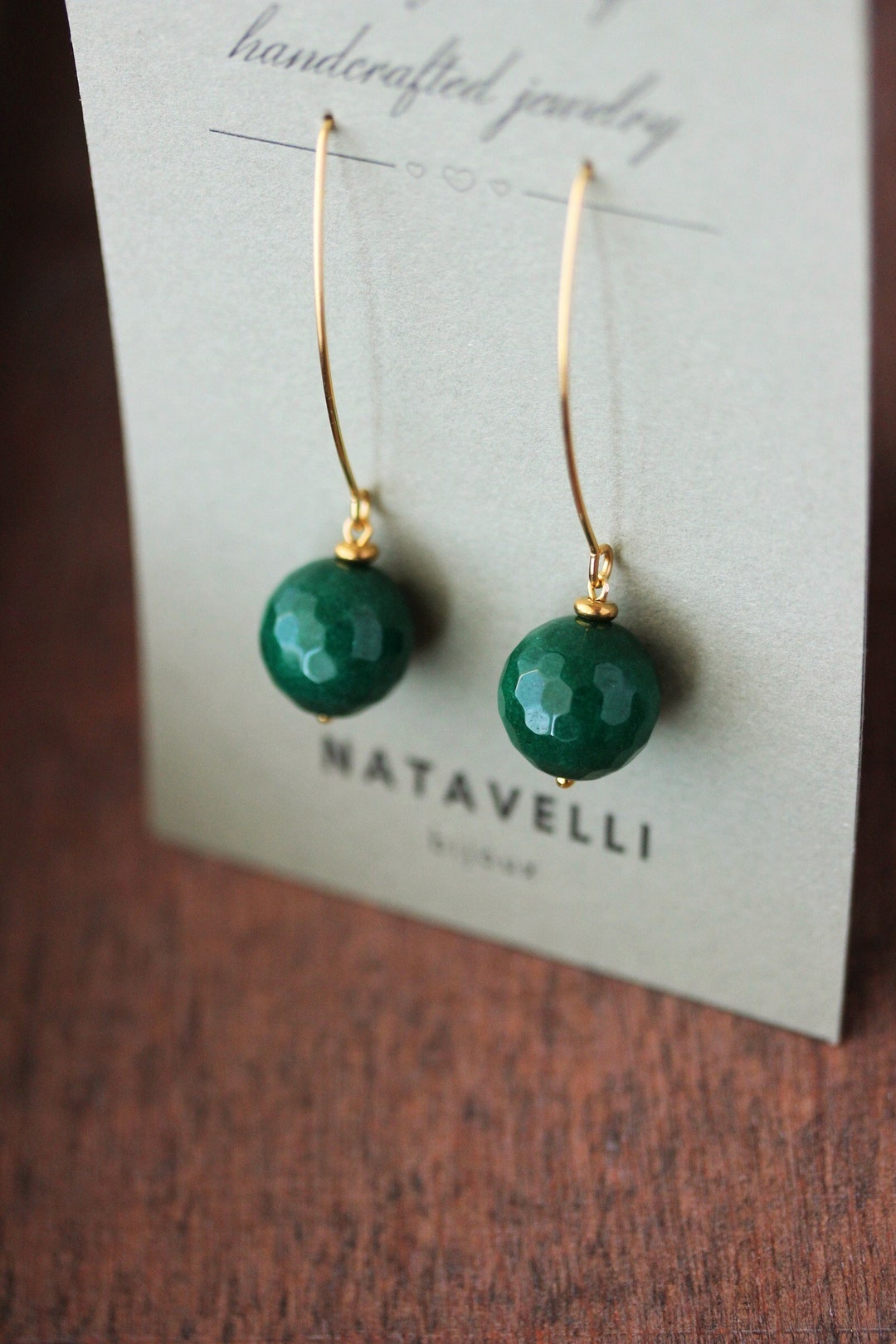 Minimalist Green Emerald Root Stone Earrings Long Gold Tone Dangle ...