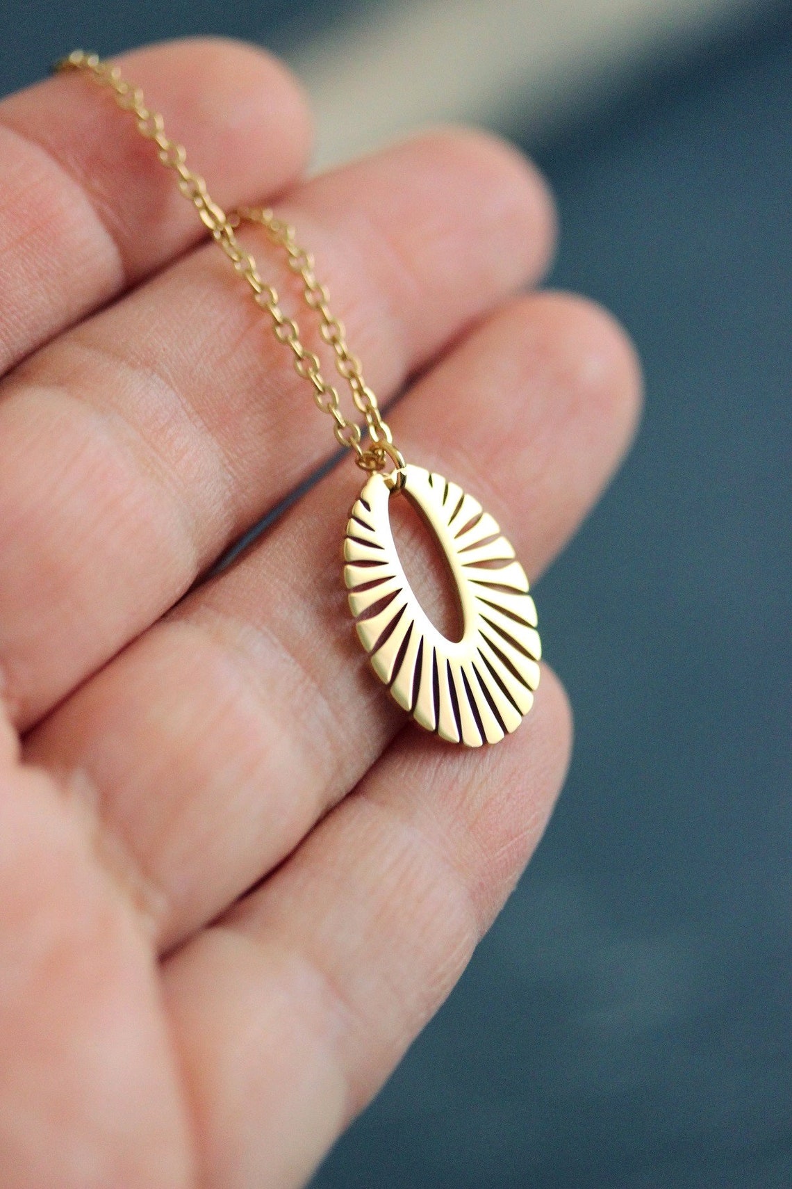 Gold Oval Pendant Necklace Sun Rays Oval Pendant Gold Plated - Etsy