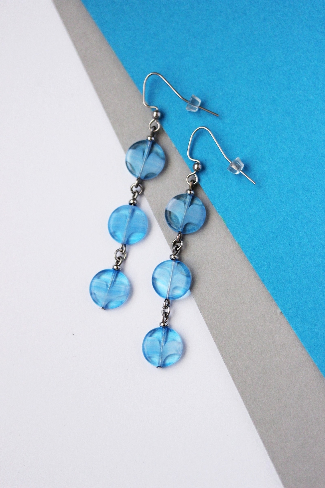 Blue Round Glass Beaded Earrings Long Dangle Blue Earrings - Etsy