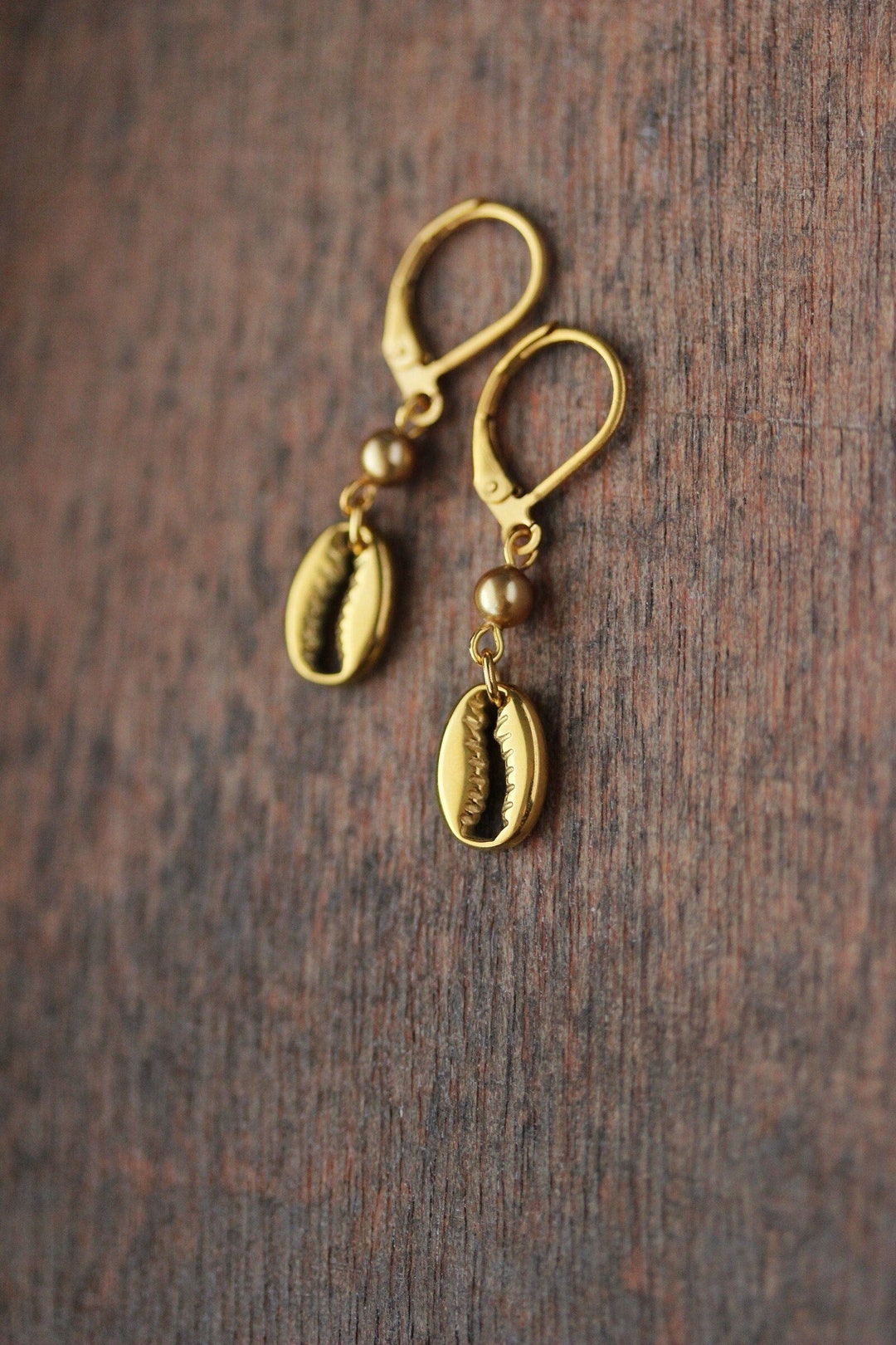 Gold Tone Cowrie Shells Earrings With Small Golden Pearls Sea Theme ...