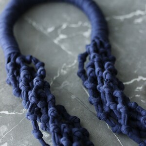 Navy Blue Multistrand Knotted Beads Necklace Cotton Tied Fabric Necklace Chunky Textile Necklace ...